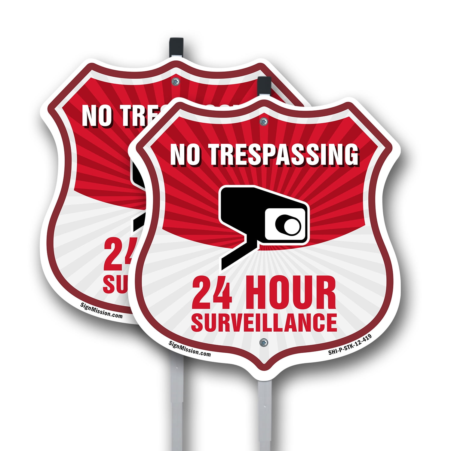 No Trespassing Shield Sign 24 Hour Surveillance (2 Pack) 12 inch X 12 ...