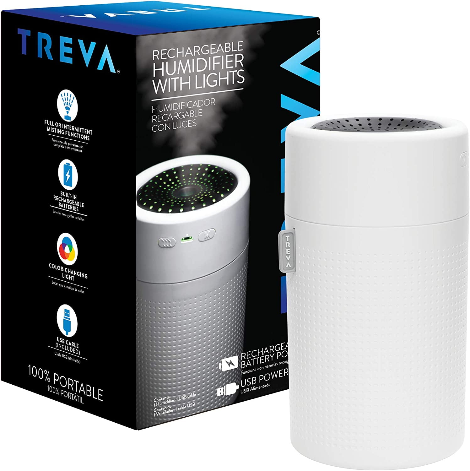 Treva Rechargeable Cool Mist Personal Humidifier, 750 ml with 7-Color ...