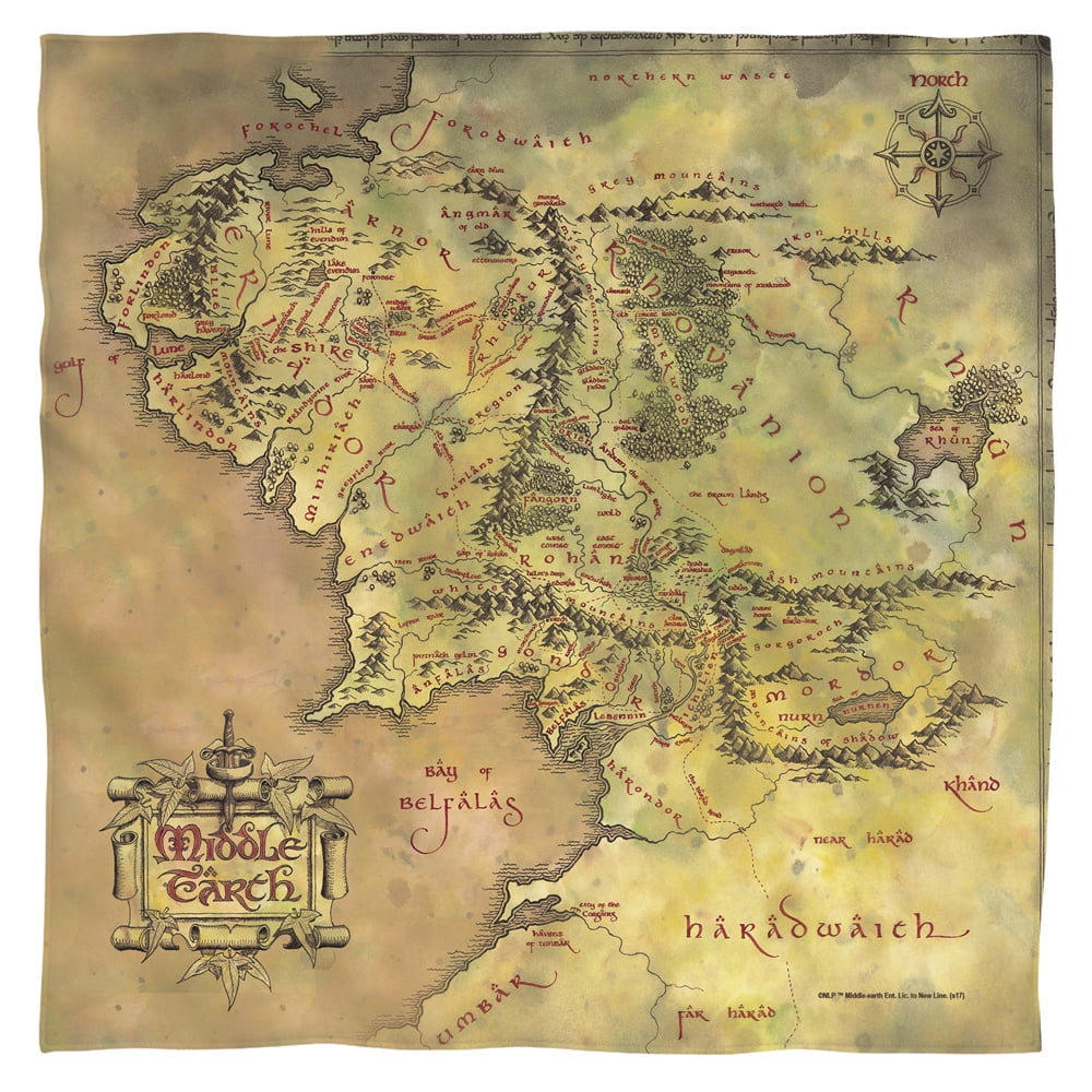 Trevco Bandanas Licensed Bandana Cotton Square Middle Earth Map White ...