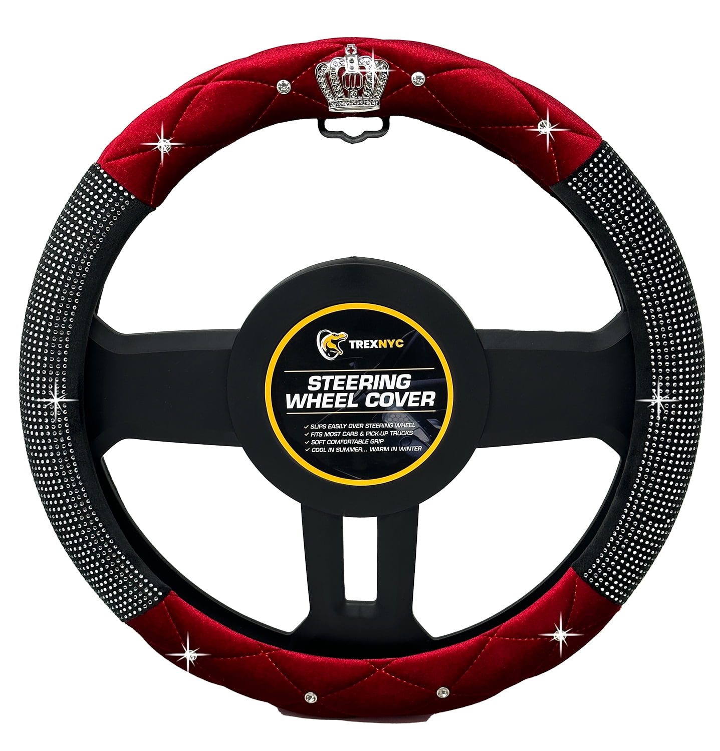 TrexNYC Crown Rhinestone Steering Wheel Cover: Sparkly Red Velvet with ...
