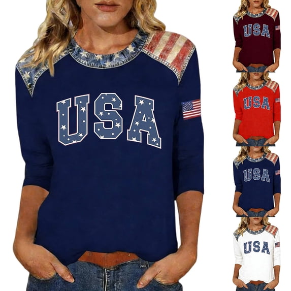 Trgacdwlo USA Flag July 4th Shirts for Women Patriotic 3/4 Sleeve ...