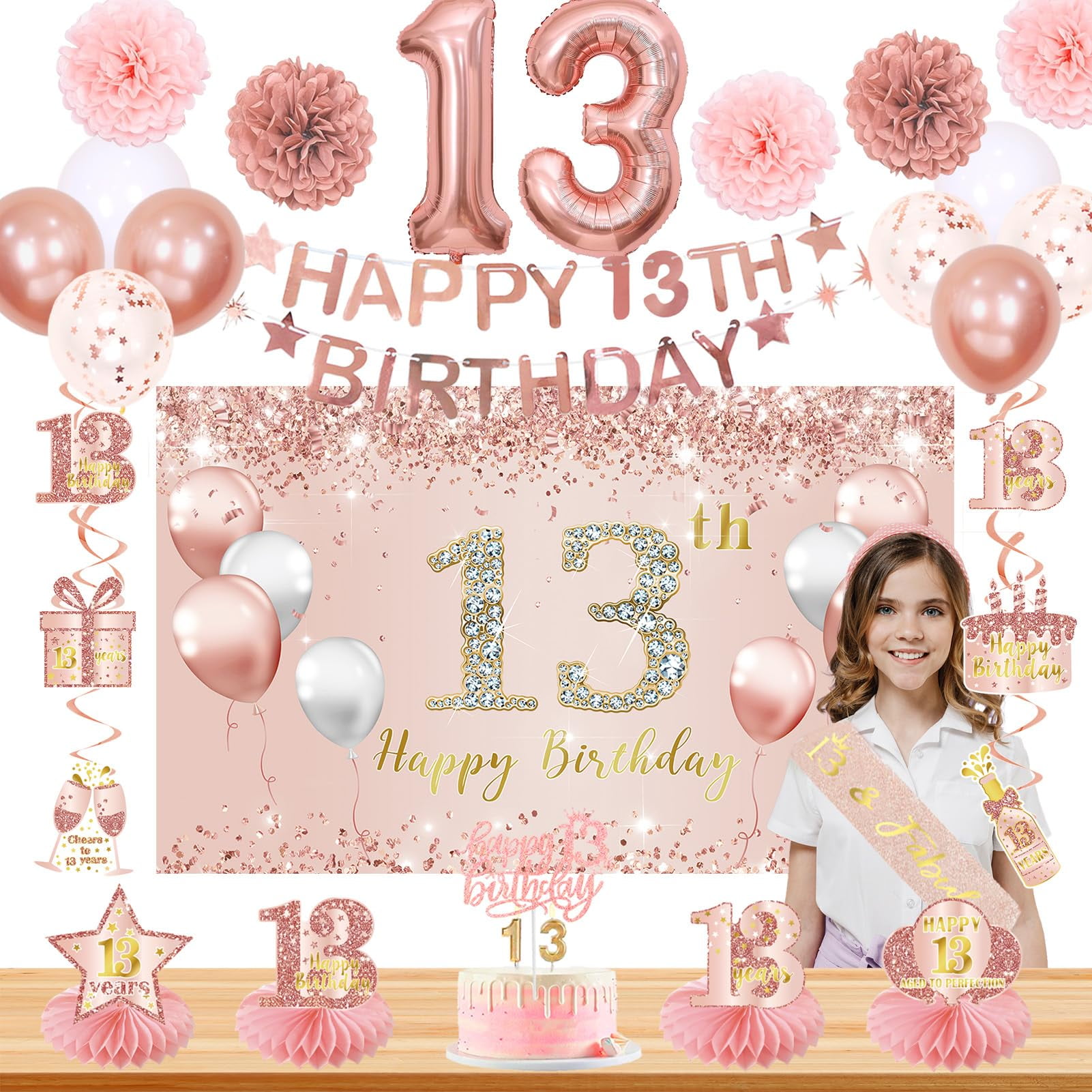 Trgowaul 13th Birthday Decorations IFF17 for Girls, 28pcs Rose Gold ...