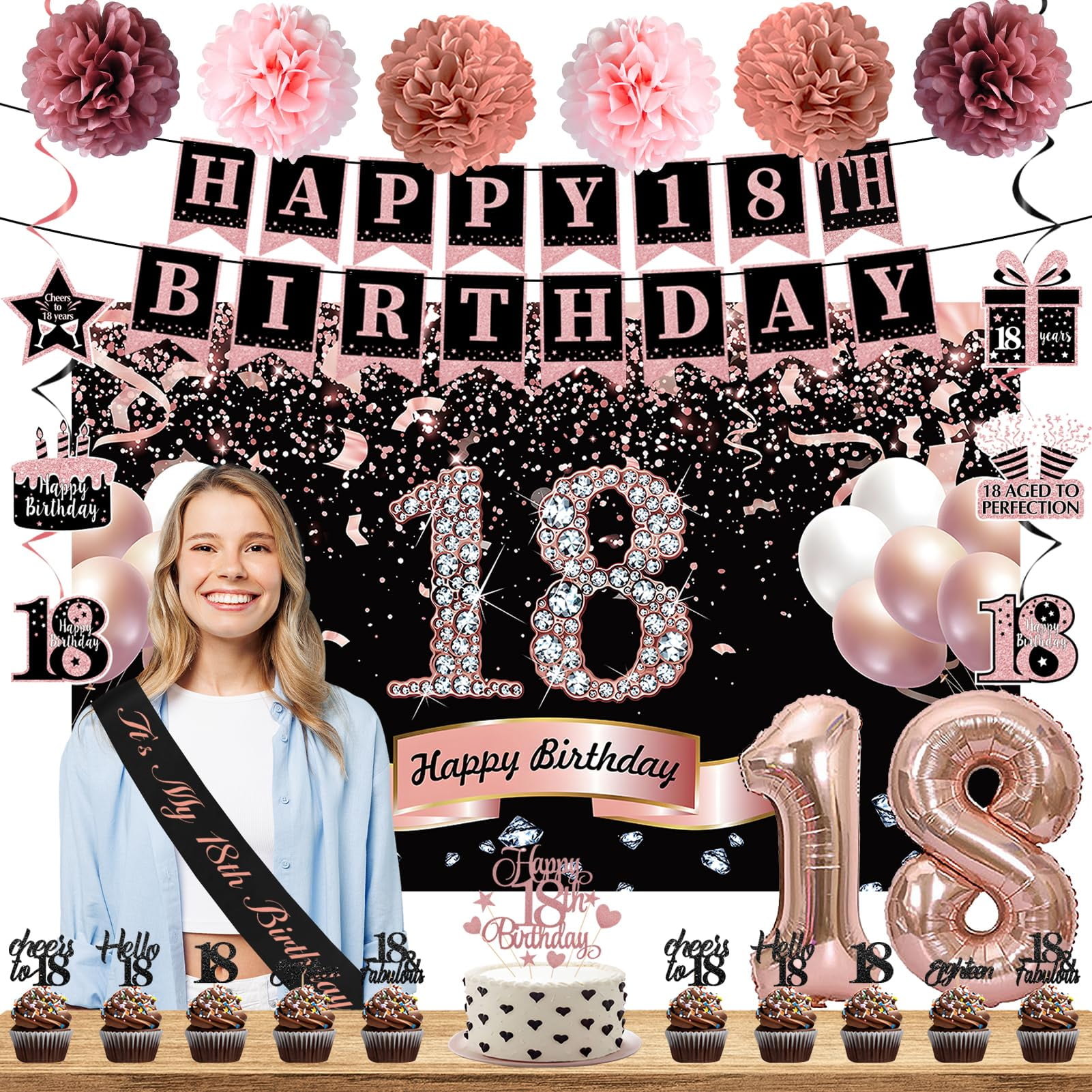 Trgowaul 18th Birthday Decorations for Girls, AFN122pcs Black Gold ...