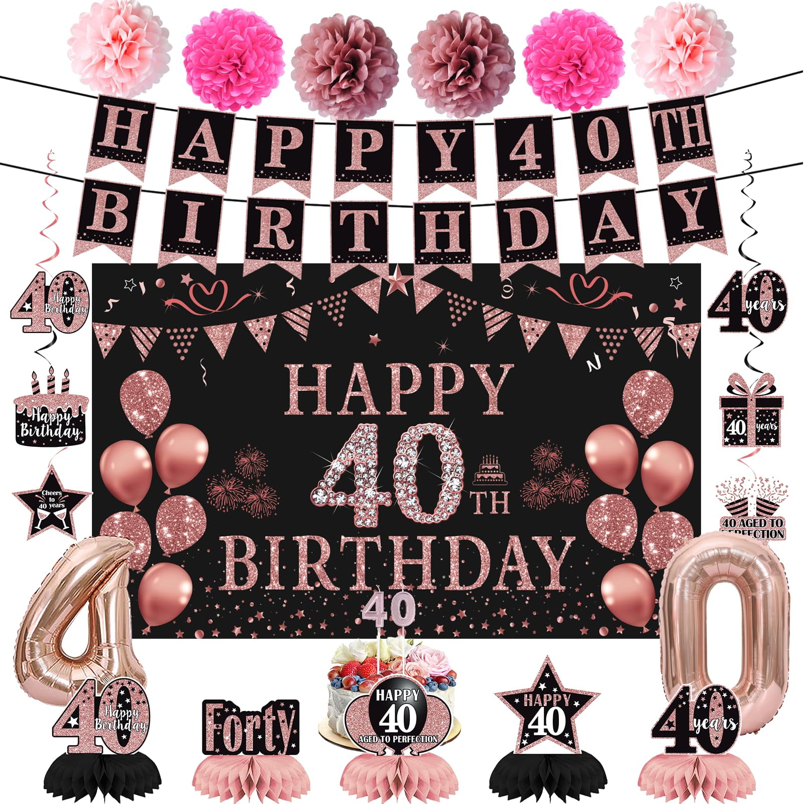 Trgowaul 40th Birthday Decorations - 21pcs Rose Gold Party Supplies ...