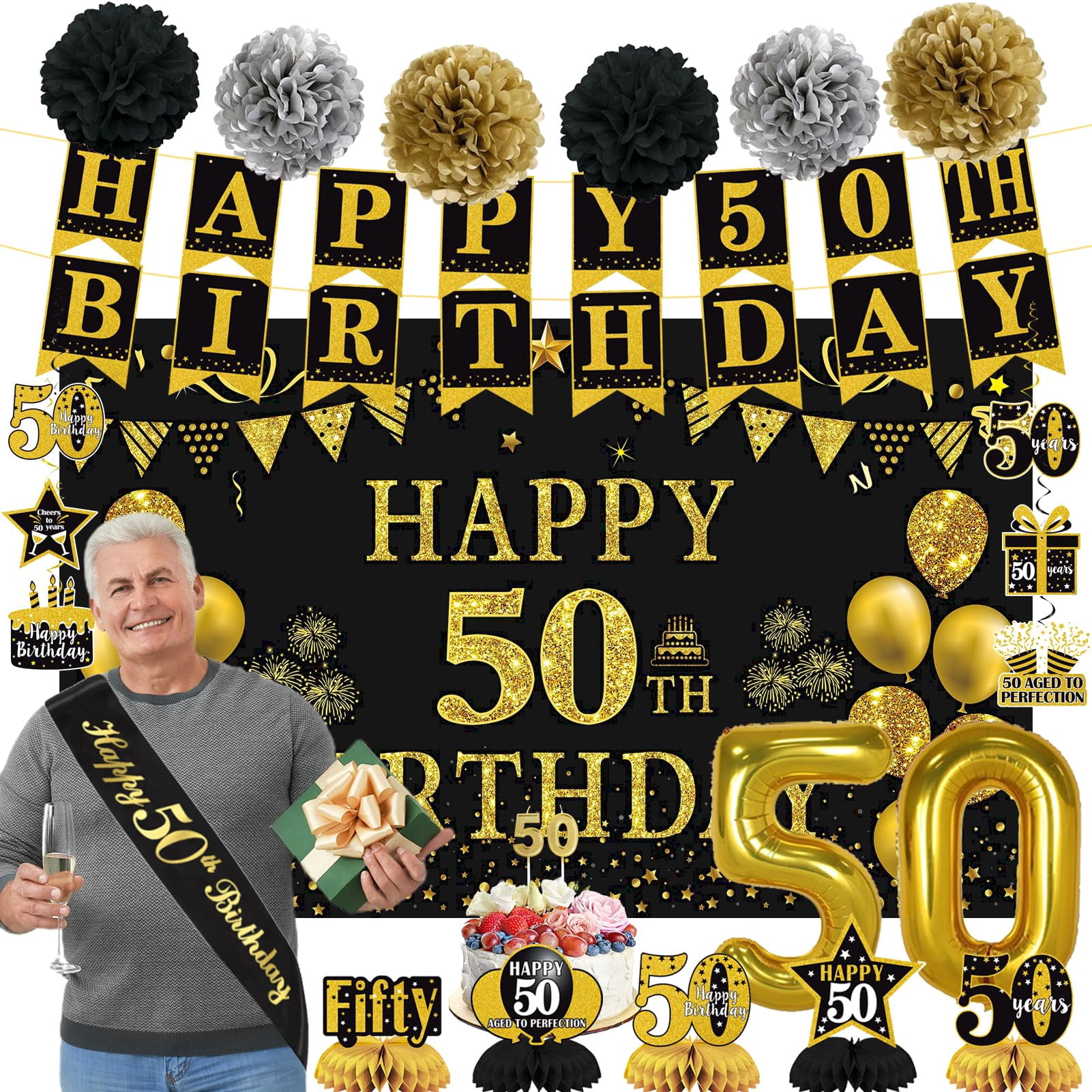 Trgowaul 50th Birthday Decorations IFF17 for Men Women, 22pcs Black ...