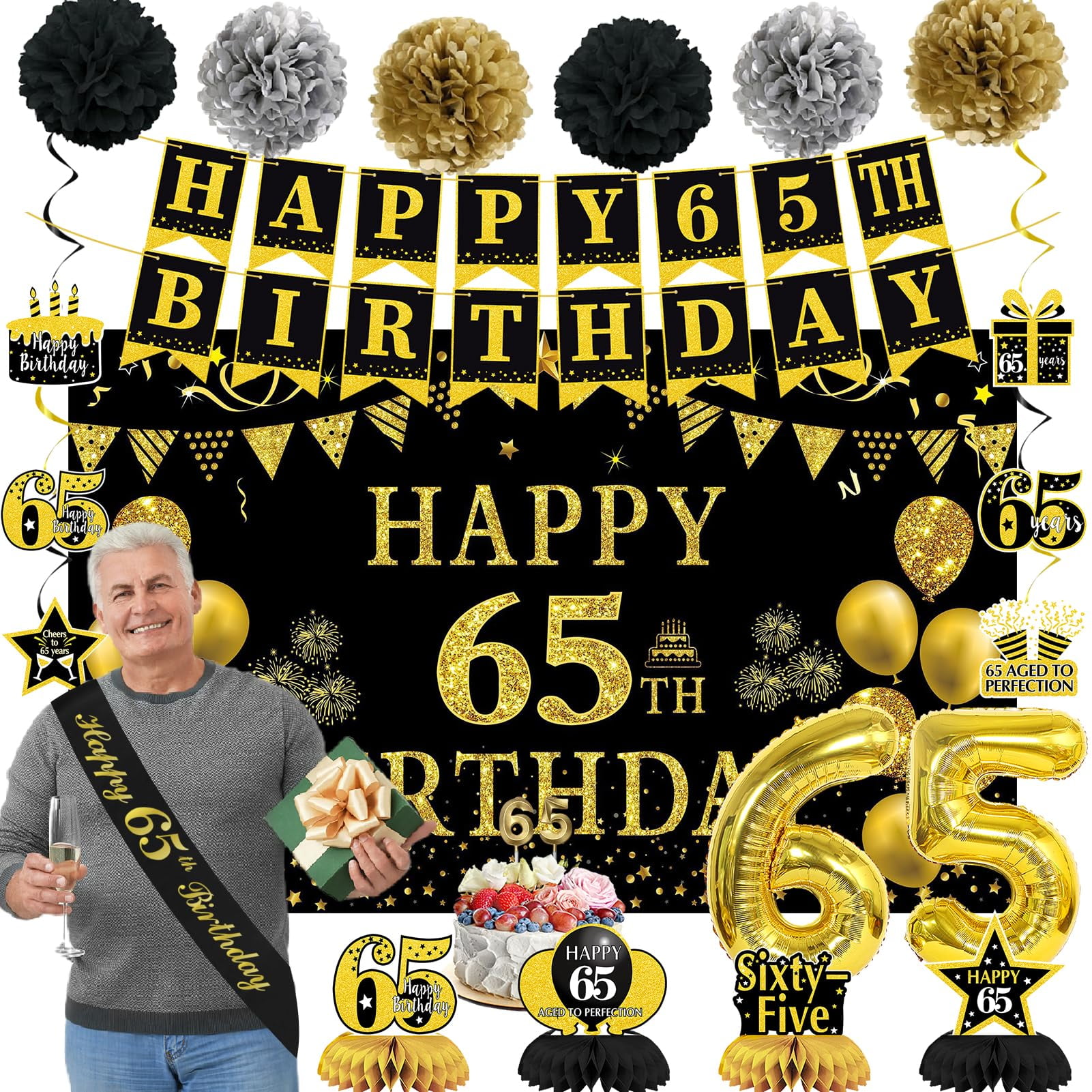 Trgowaul 65th Birthday Decorations for Men Women, MHD122pcs Black Gold ...