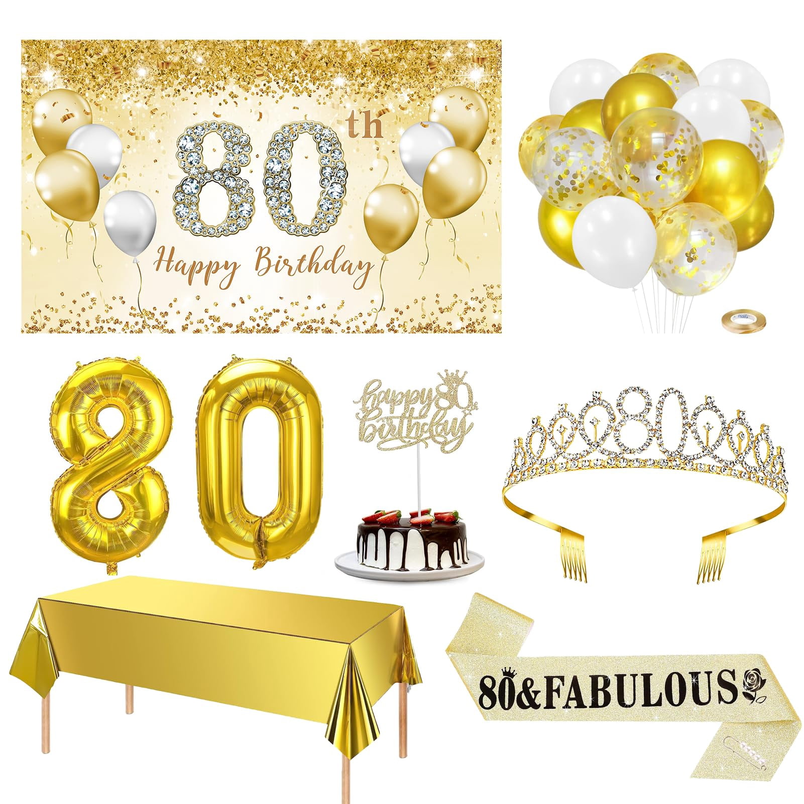 Trgowaul 80th Birthday Decorations CM31 Party Set for Women, Gold 80 ...