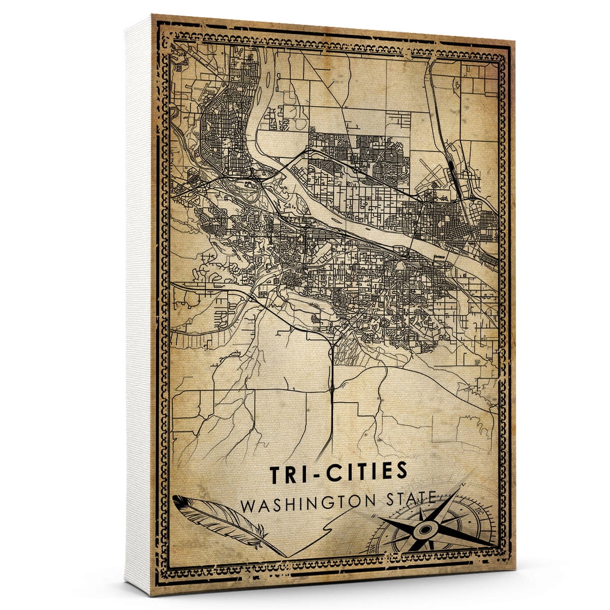 Tri Cities Vintage Map Prints Canvas, Washington State Map Art Canvas ...