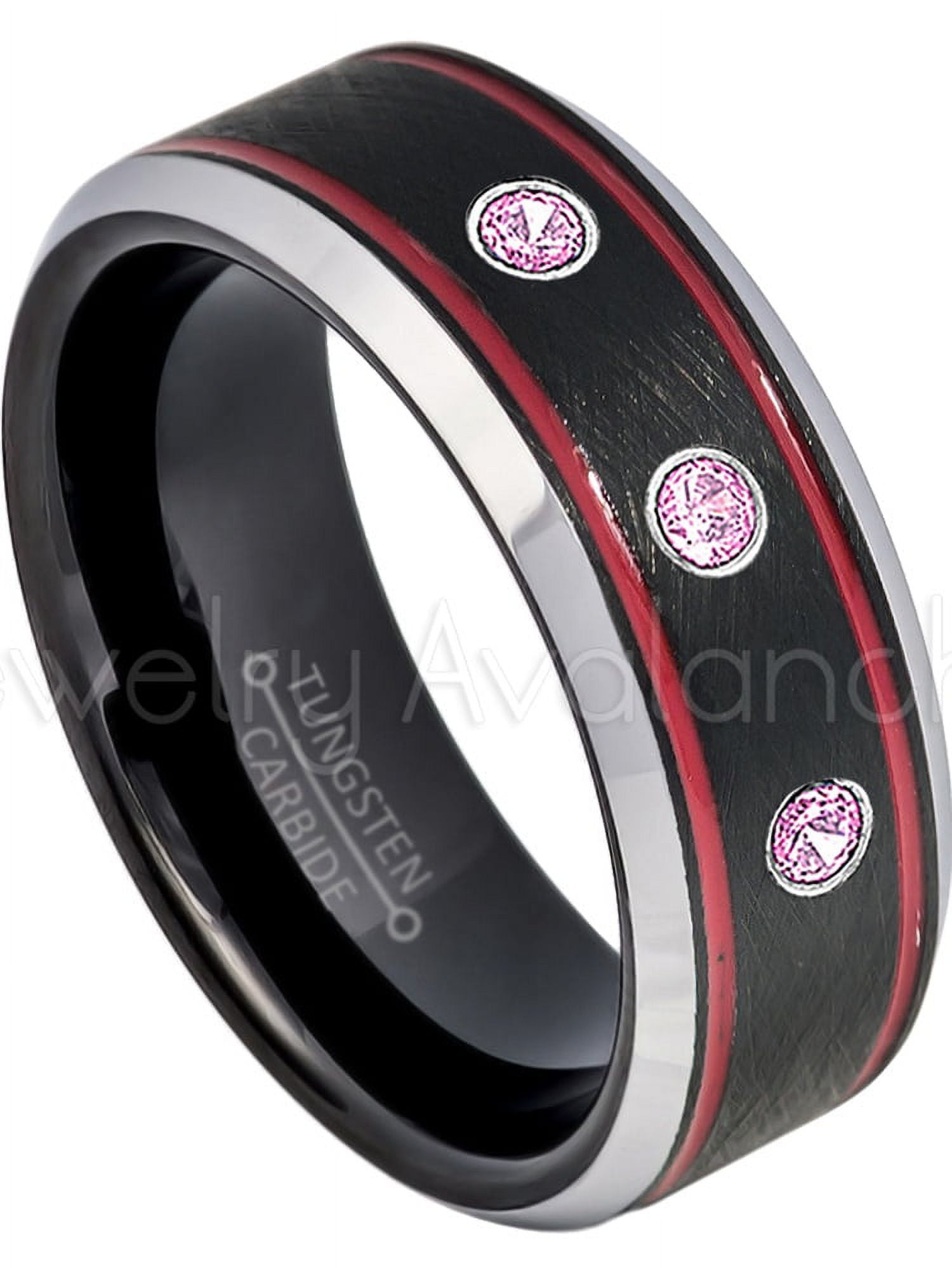 Tri-Color Black Red Stripe Tungsten Ring - 0.21ctw Pink Tourmaline 3 ...