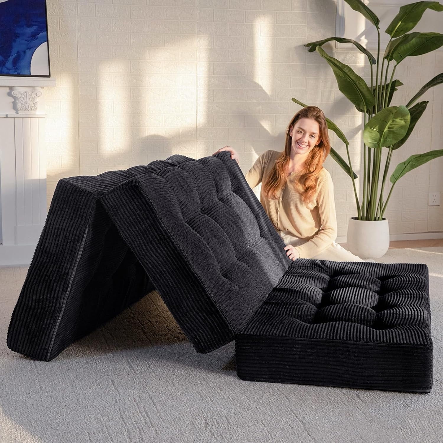 Tri-Fold Mattress, 6 Inch Tufted Folding Futon Foam Bed, Foldable Floor ...