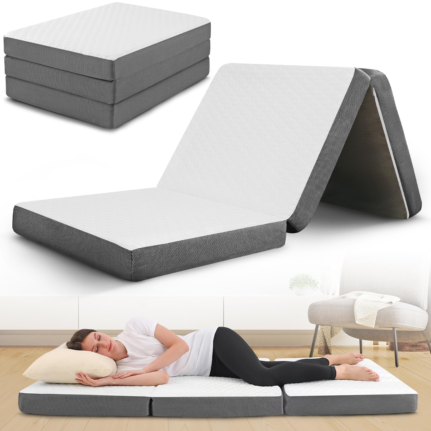 Tri Folding Mattress with Memory Foam Layer - Trifold Foldable Bed ...