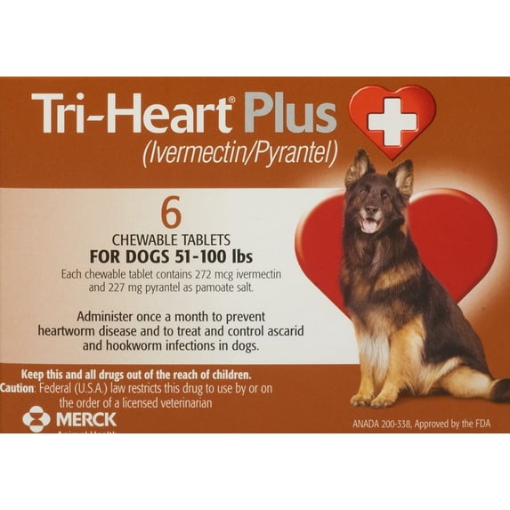 Tri-Heart Plus Chewable Tablets for Dogs, 51-100 lbs, (Brown Box ...