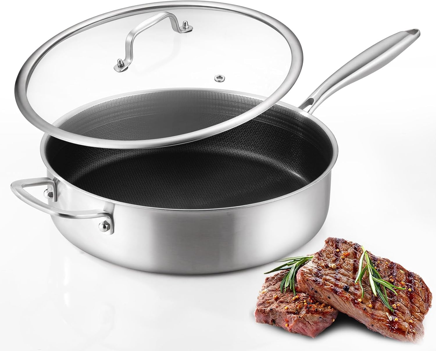 Tri-Ply Stainless Steel 5.5QT Saute Pan With Lid, Nonstick 12.3 Inch ...