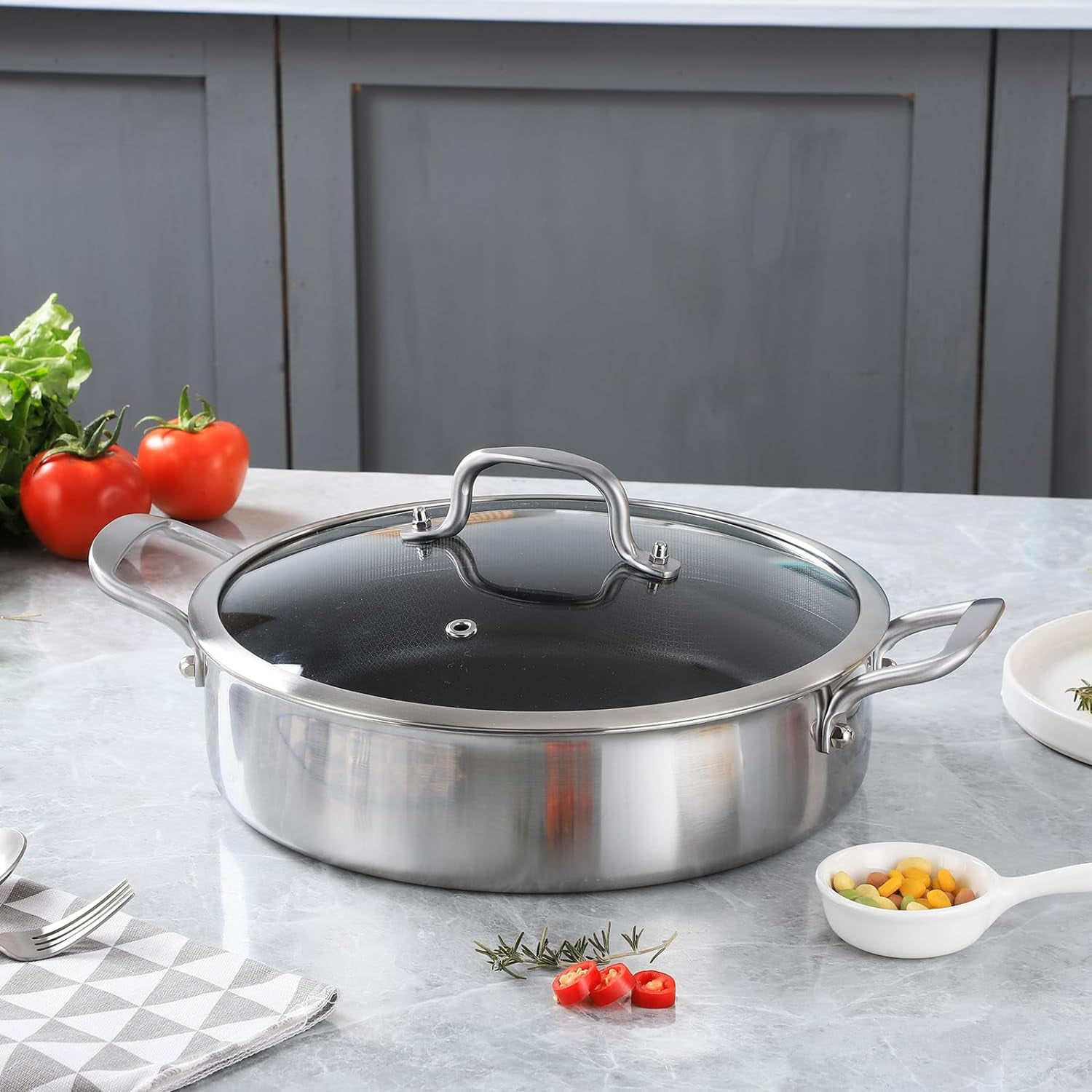 Tri-Ply Stainless Steel 7 Quarts Saute Pan, 12 Inch Nonstick Skillet ...