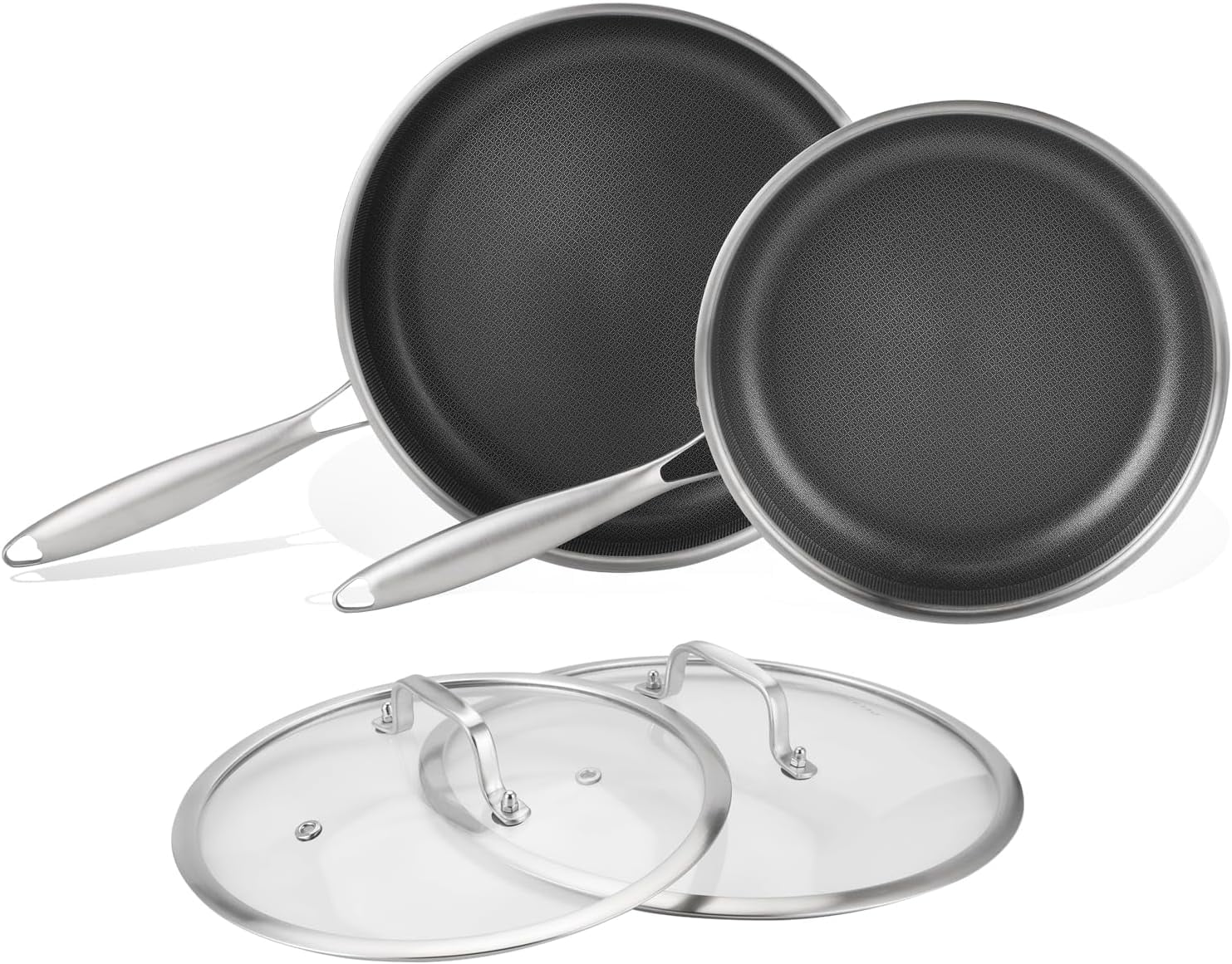 Tri-Ply Stainless Steel 8" 12" Frying Pan Set With Lid Nonstick Large ...