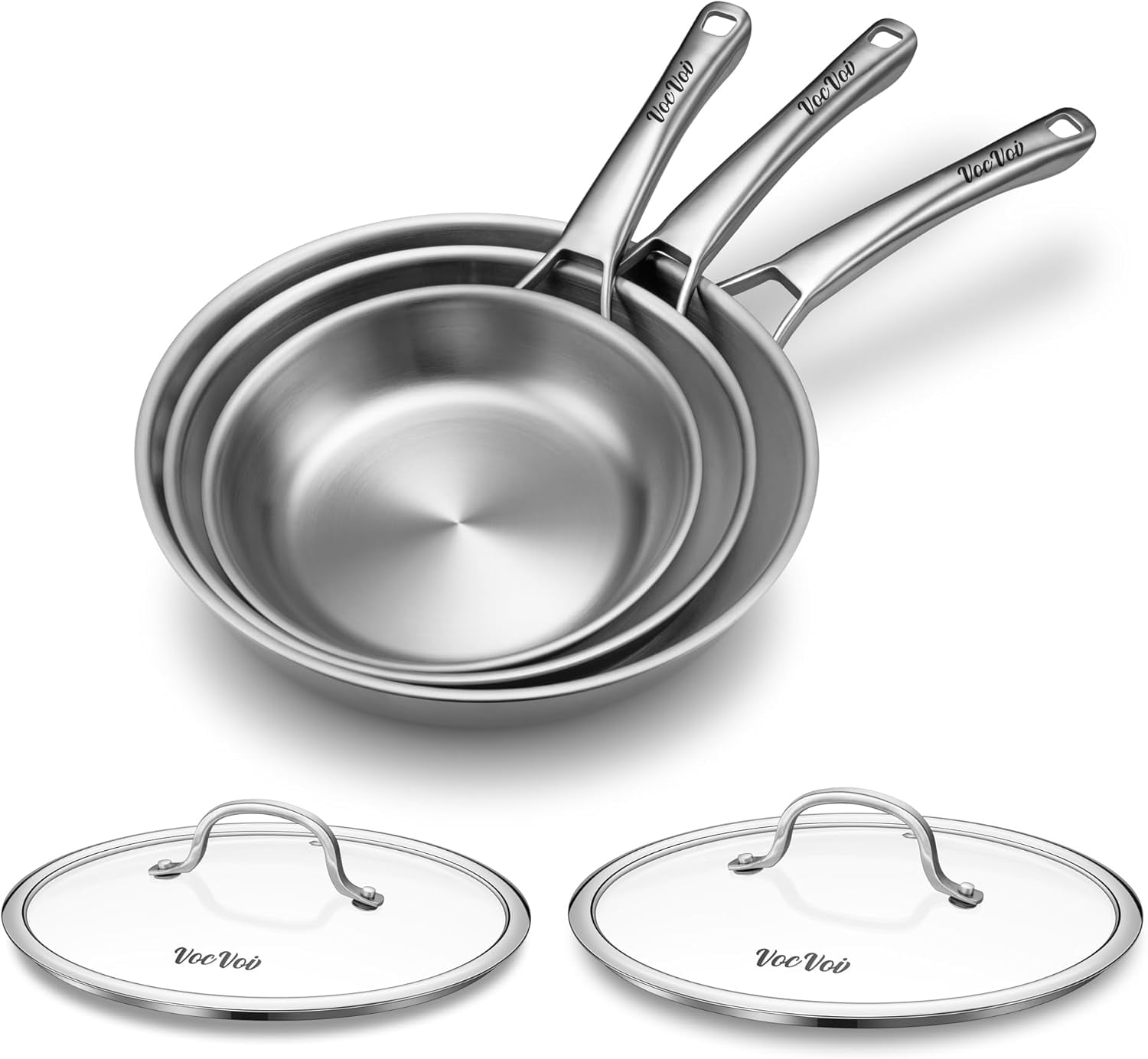 Tri-Ply Stainless Steel Frying Pans Set with Lid,PFOA&PTFE Free ...