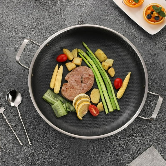 Tri-Ply Stainless Steel Paella Pan Large Saute Pan with Lid (Stainless ...