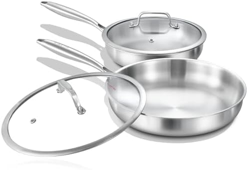 Tri-Ply Stainless Steel Pan, 12 inch Frying Pan with Lid, Compatible ...