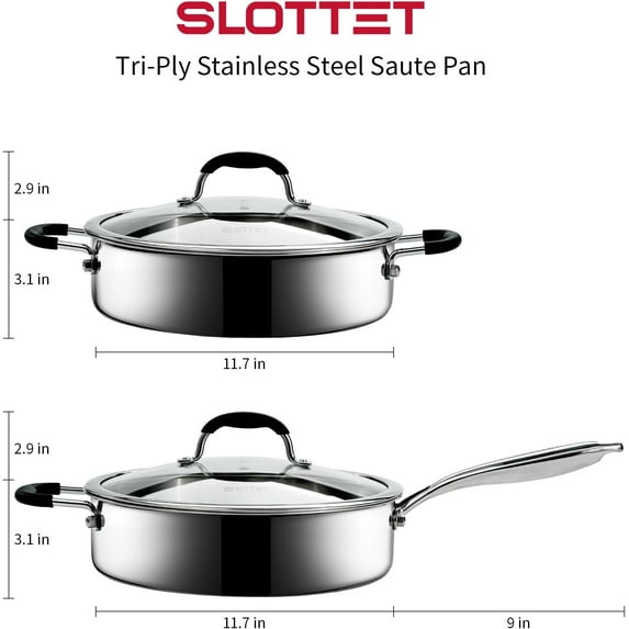 Tri-Ply Stainless Steel Saute Pan with Steamer, 5 Quart Deep Sauté Pan ...