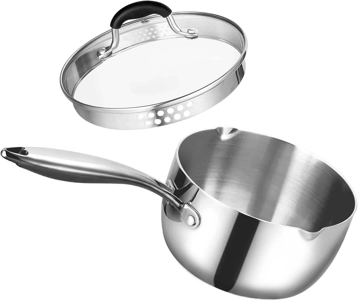 Tri-Ply Whole-Clad Stainless Steel Saucepan with Steamer,2.5 Qt Small ...