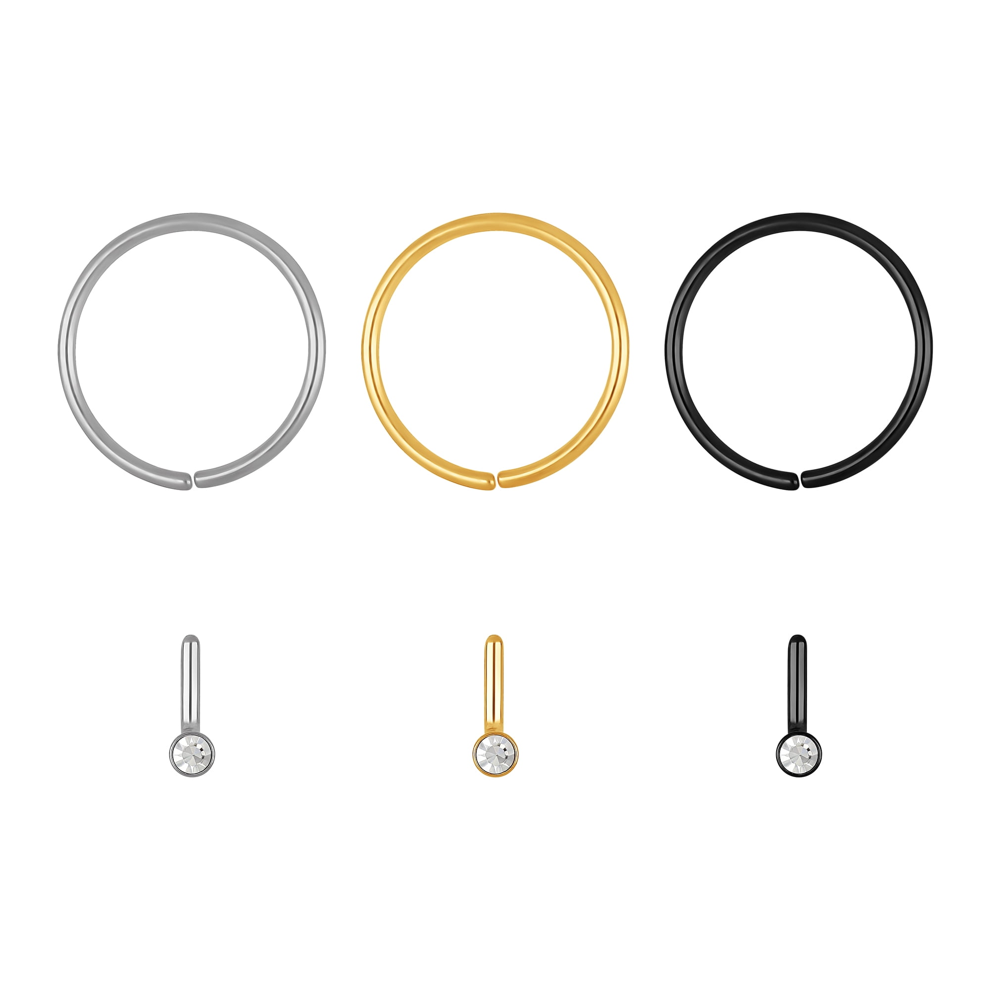Tri Tone Stud & Hoop Nose Ring Set, Silvertone/Stainless Steel, 6-Piece ...