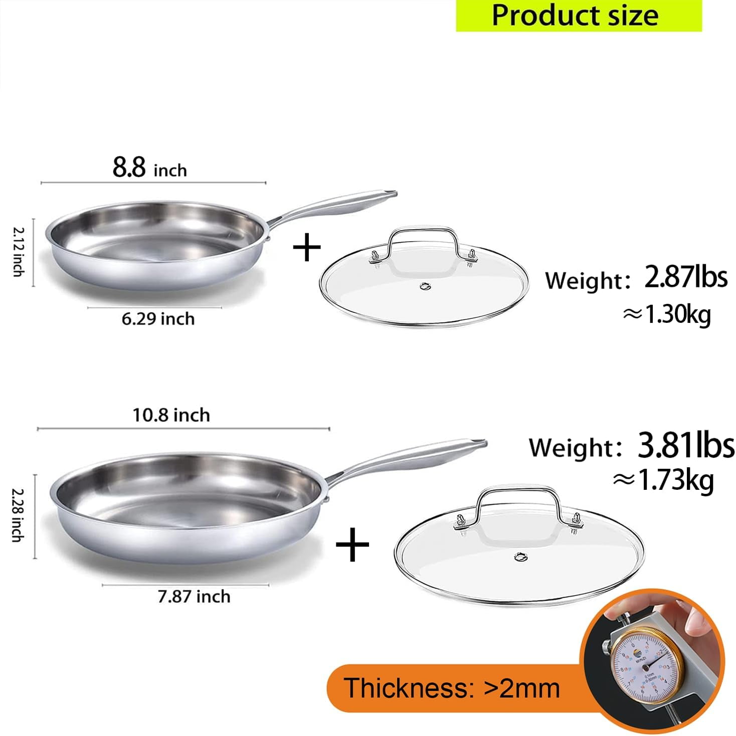 Tri-ply Stainless Steel Frying Pan Set with Lid 8" 10" Induction large ...