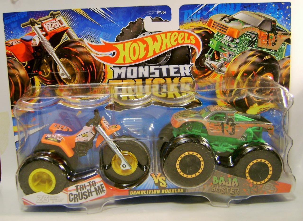 Tri-to Crush-me vs Baja Buster 2 Pack Monster Trucks Hot Wheels Diecast ...