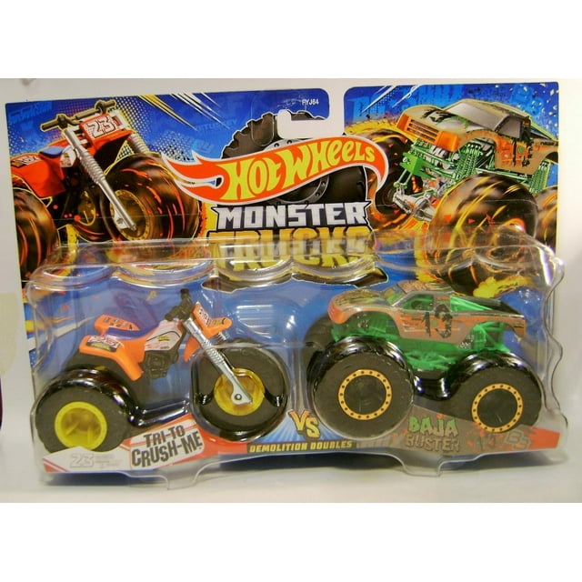 Tri-to Crush-me vs Baja Buster 2 Pack Monster Trucks Hot Wheels Diecast ...