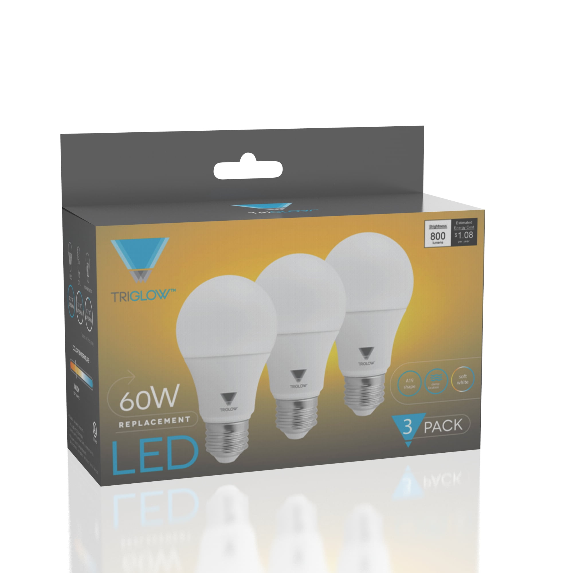 TriGlow T93100 LED A19 LED Bulb 9W (60W Equivalent) Soft White (3000K ...