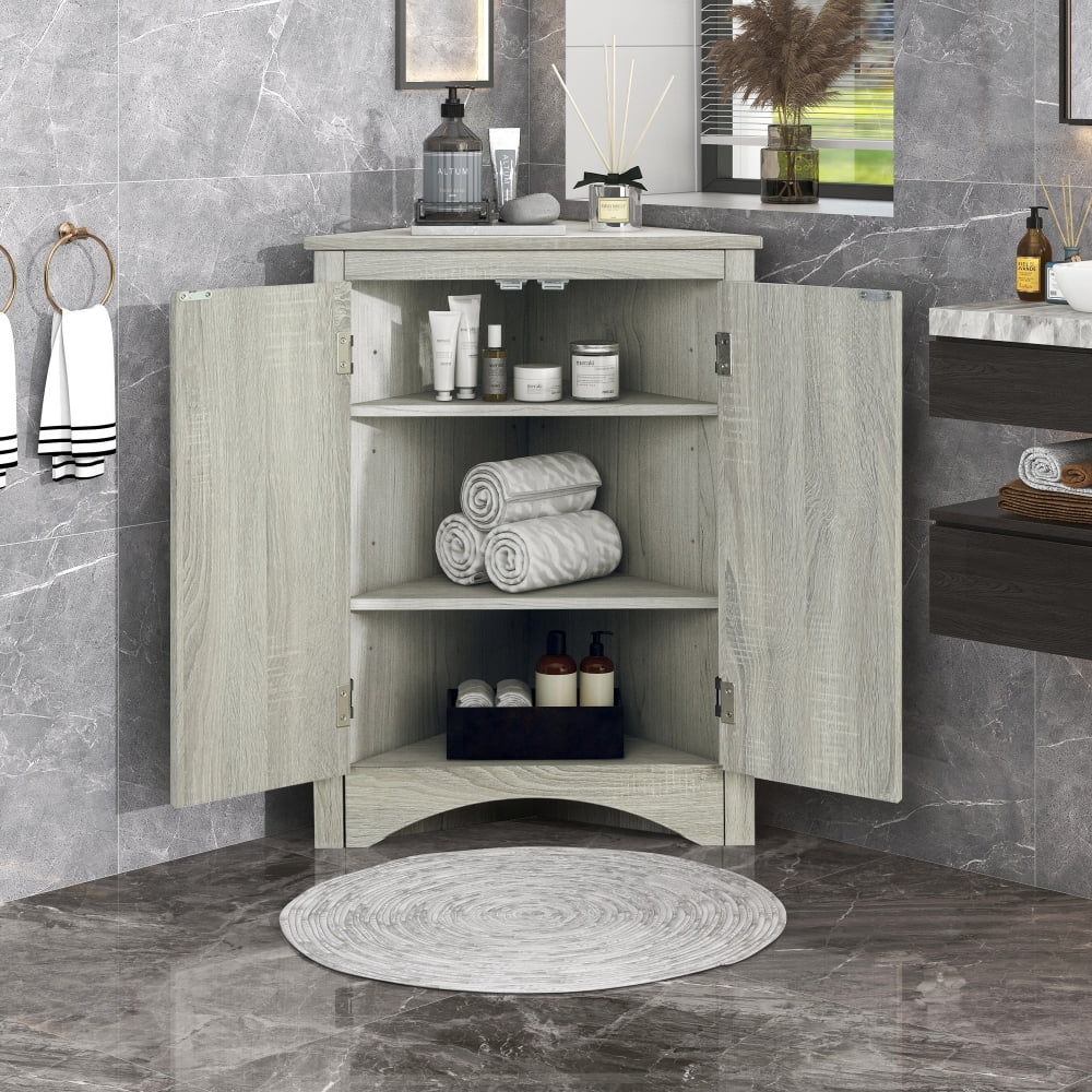 Triangle Bathroom Storage Cabinet, Corner Cabinet with 2 Doors and ...