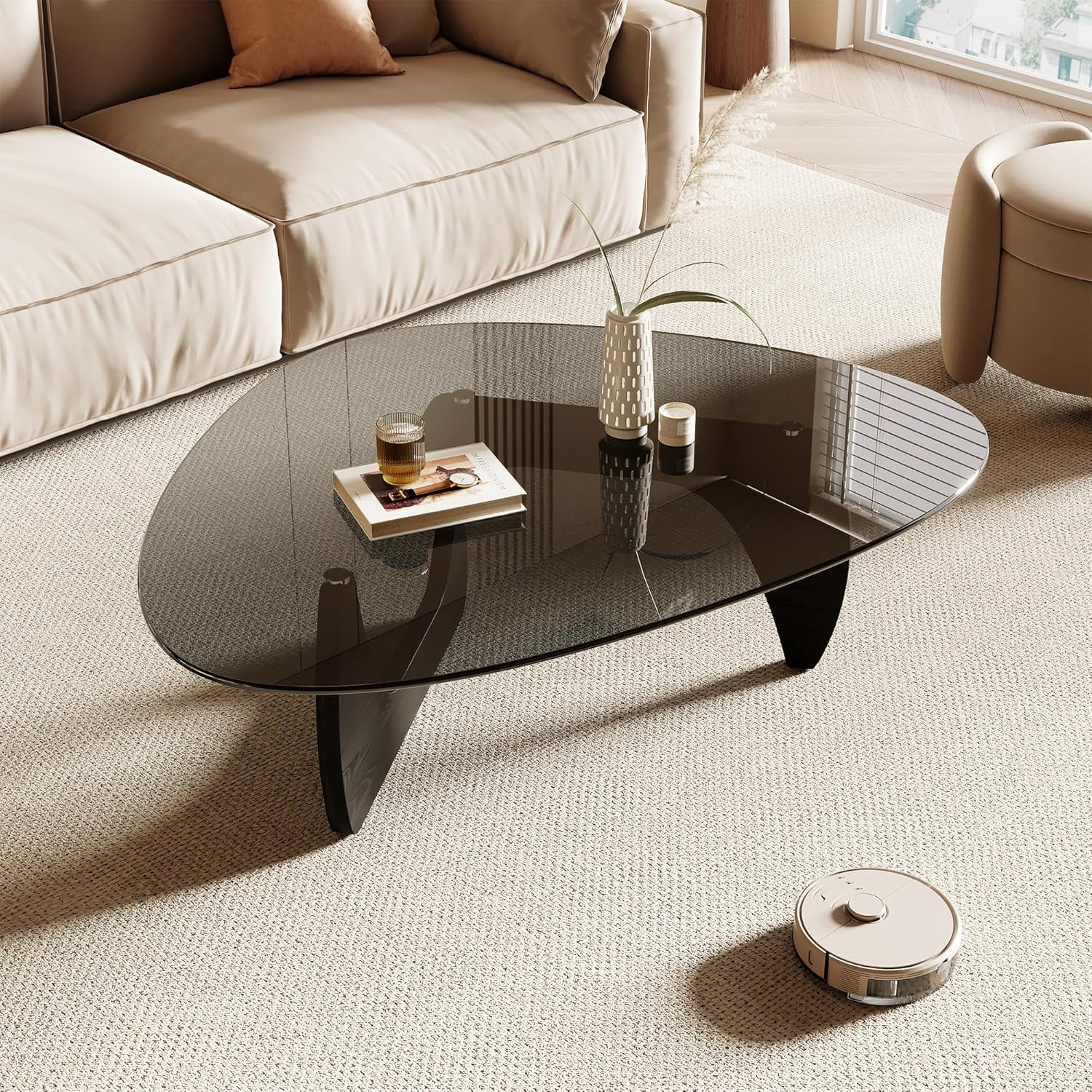 Triangle Coffee Table, Tempered Glass Top with Wooden Legs, 42.5" x 28. ...