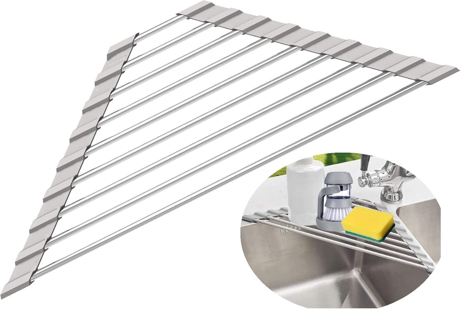 Triangle Dish Drying Rack for Sink Corner, Gray Corner Sink Rack,Roll ...