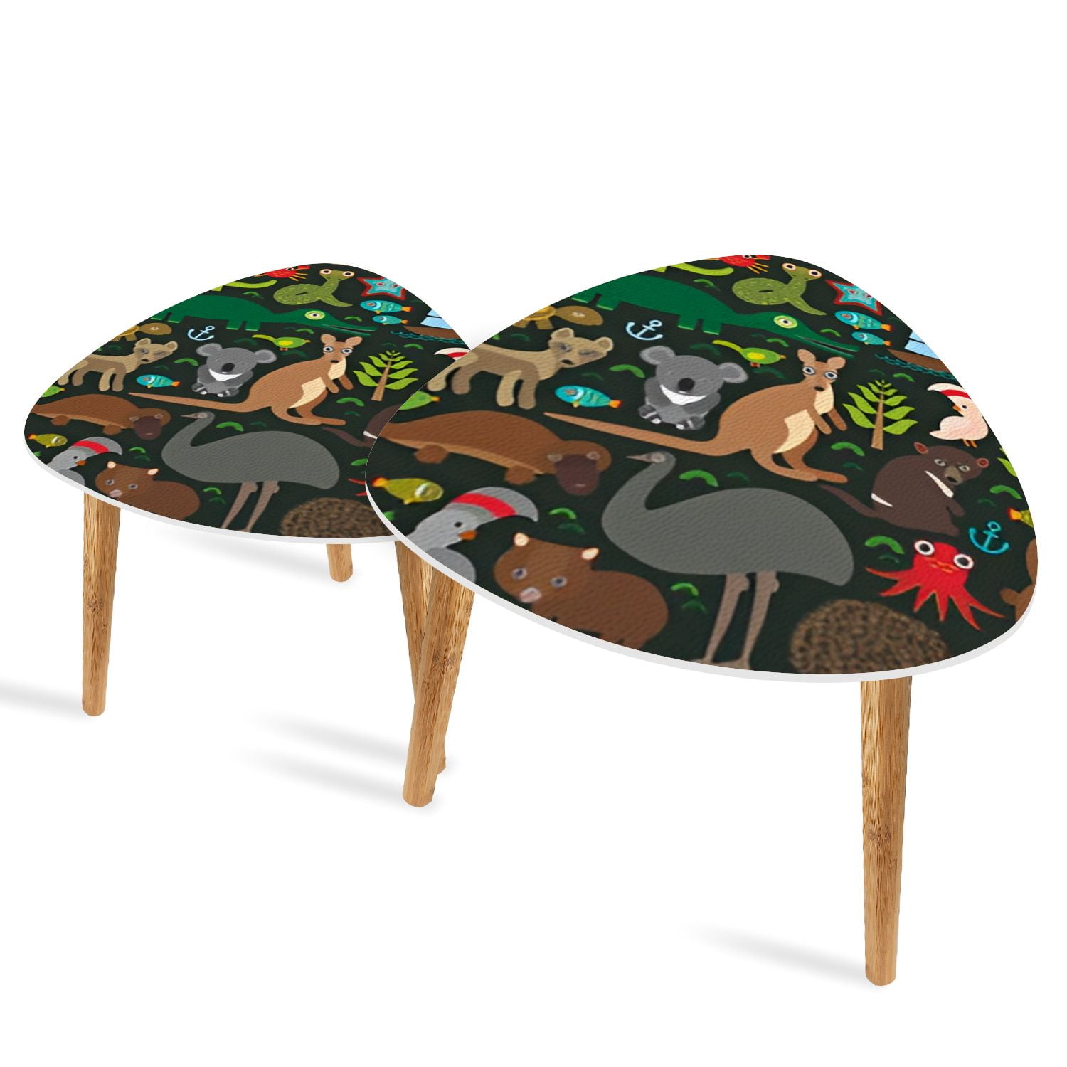 Triangle End Tables Set of 2 Animals Echidna ostrich Tasmanian Cockatoo ...