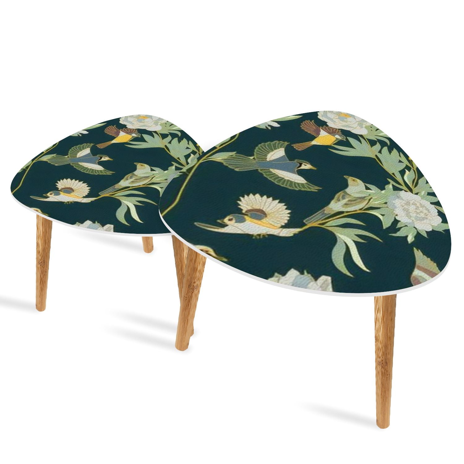 Triangle End Tables Set of 2 Bright wide vintage seamless peony humming birds around Stylized ...