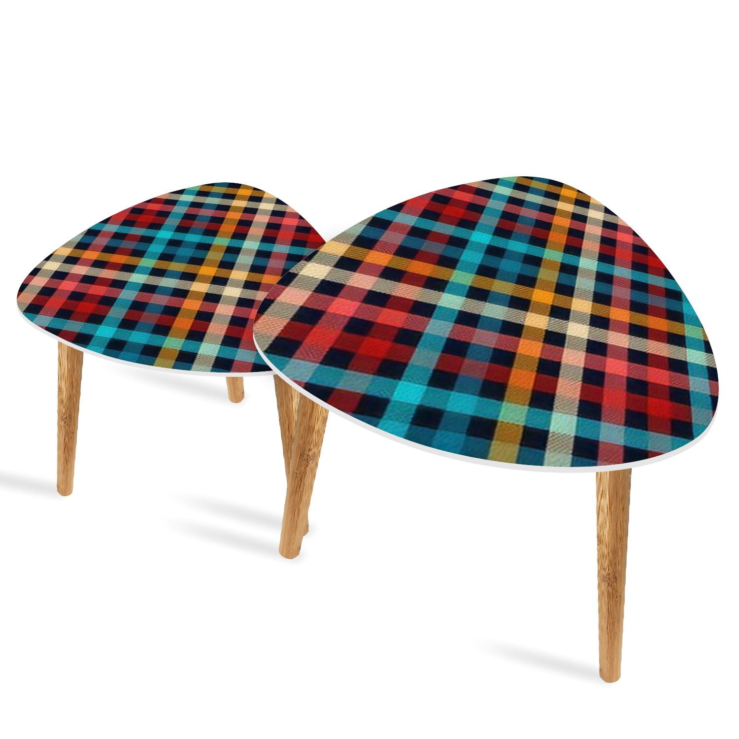Triangle End Tables Set of 2 Colorful checkered gingham plaid fabric ...