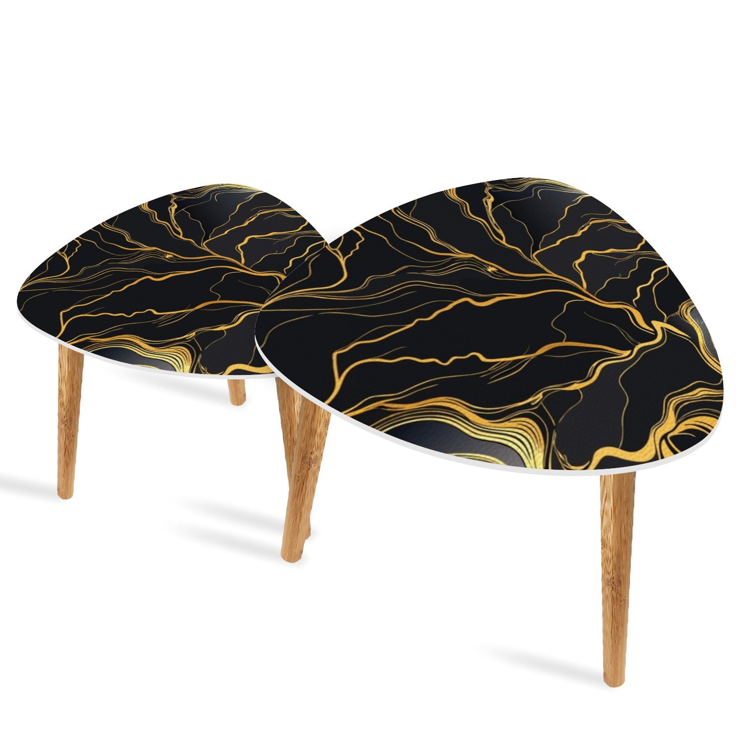 Triangle End Tables Set of 2 Luxurious Black Gold Veined Marble Texture ...