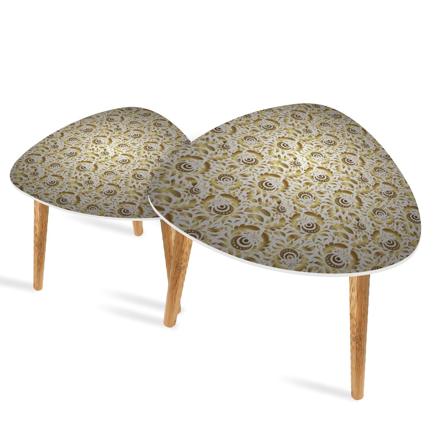 Triangle End Tables Set of 2 Ornate golden pattern for Luxury white ...