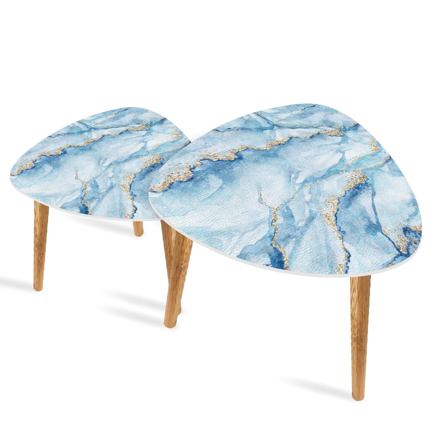Triangle End Tables Set of 2 abstract white blue marble gold glitter ...