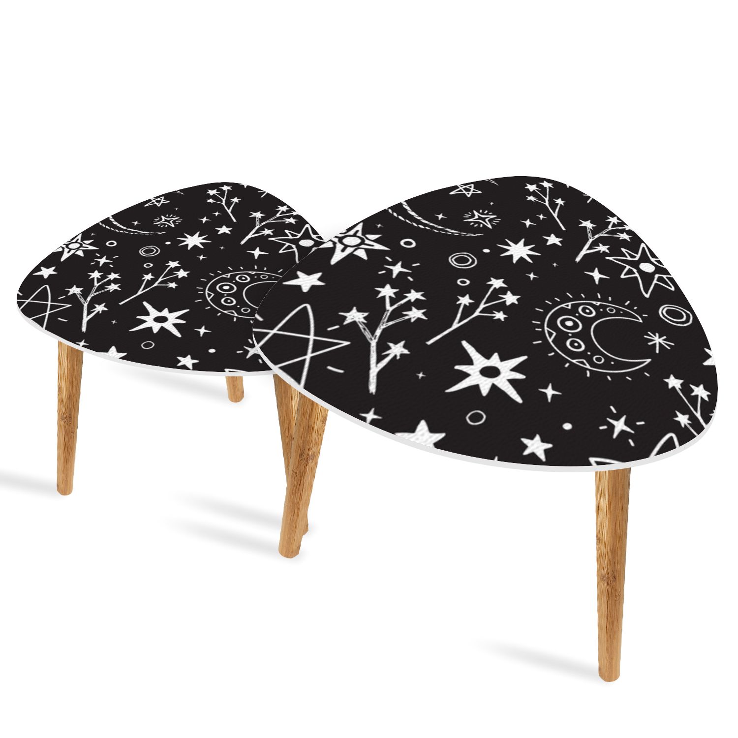 Triangle End Tables Set of 2 hand drawn white stars moon black seamless ...