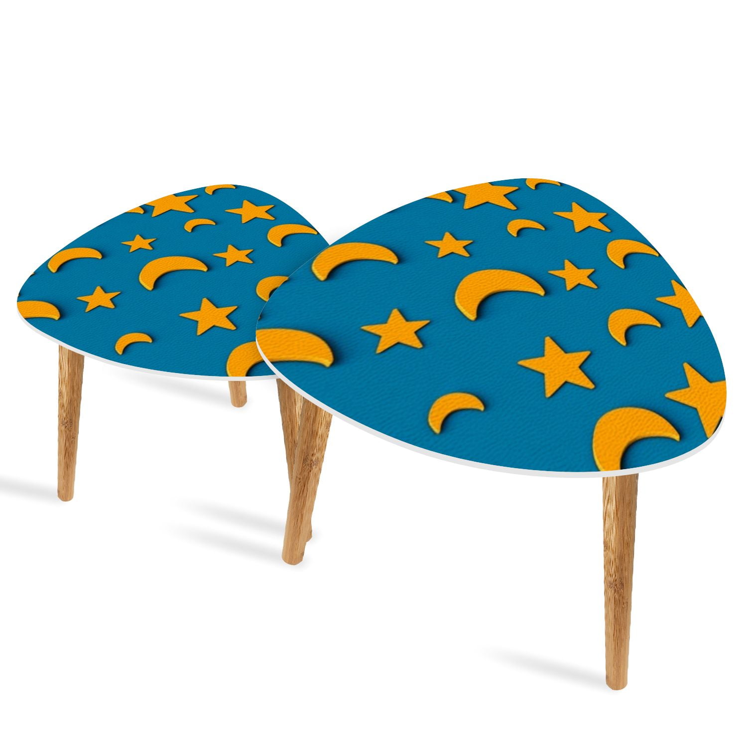 Triangle End Tables Set of 2 pattern rows yellow stars crescent moons flat laid against blue ...