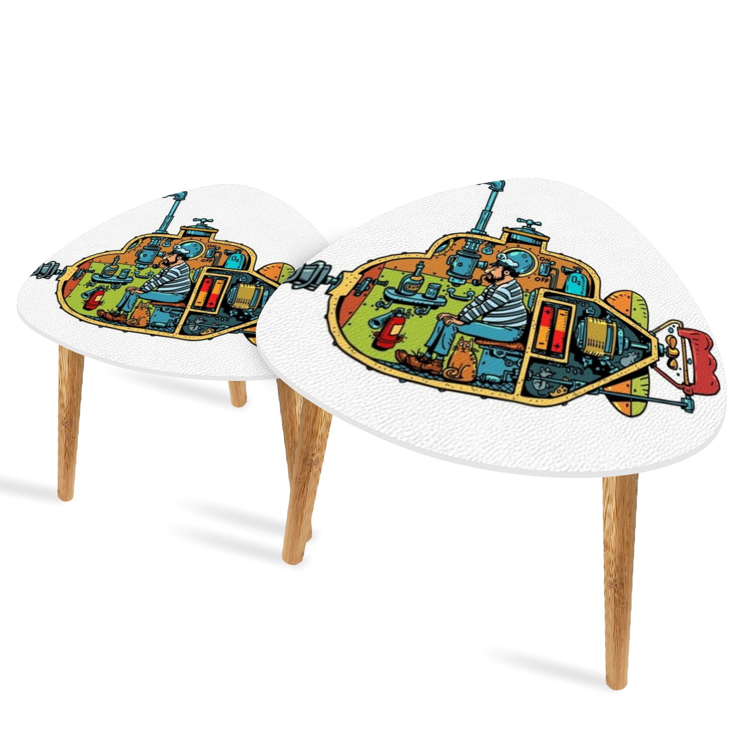 Triangle End Tables Set of 2 A sailor sails submarine exploring ocean Original Small Coffee ...