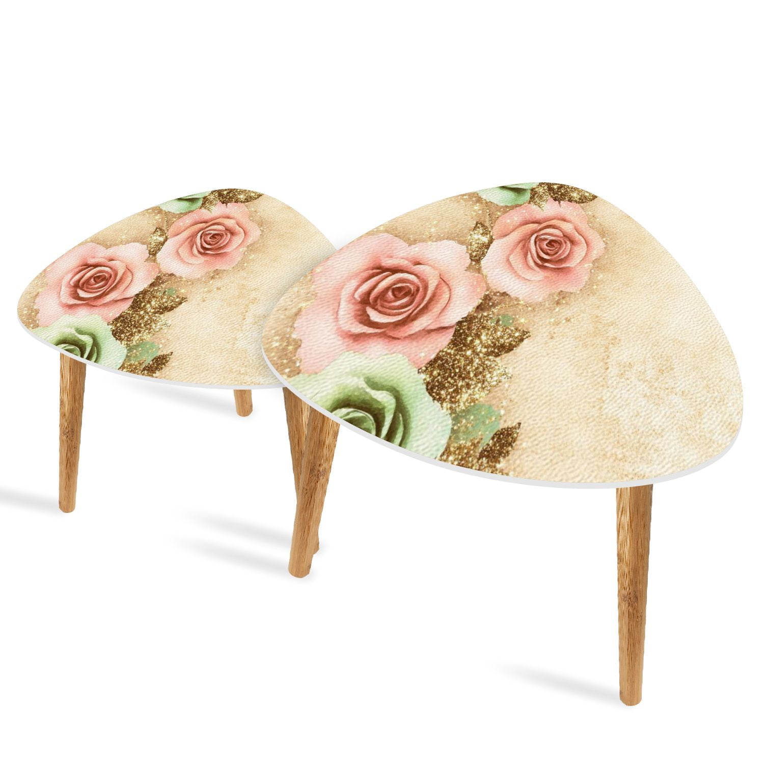 Triangle End Tables Set of 2 Antique Rose Painting Soft Pastels Gold ...
