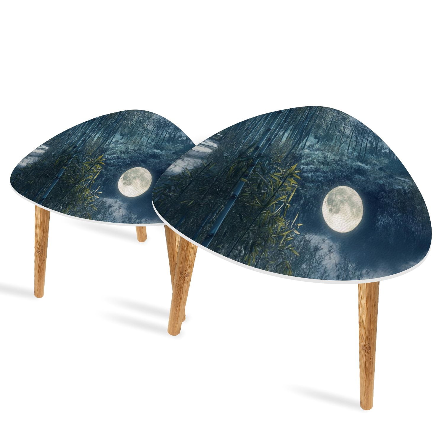 Triangle End Tables Set of 2 Bamboo Forest Ink Wash Art Small Coffee ...