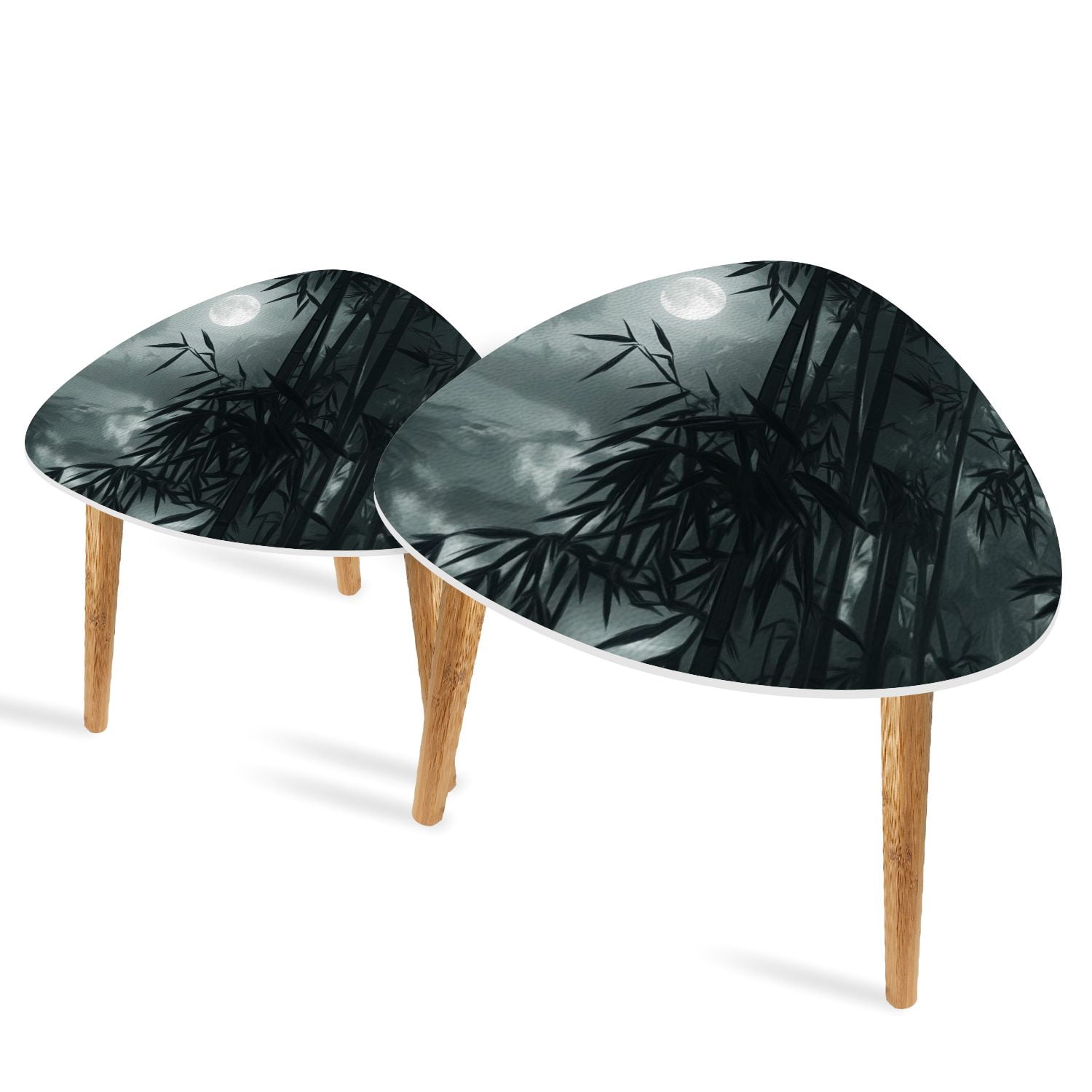 Triangle End Tables Set of 2 Bamboo Ink Art Delicate Light Shadow ...