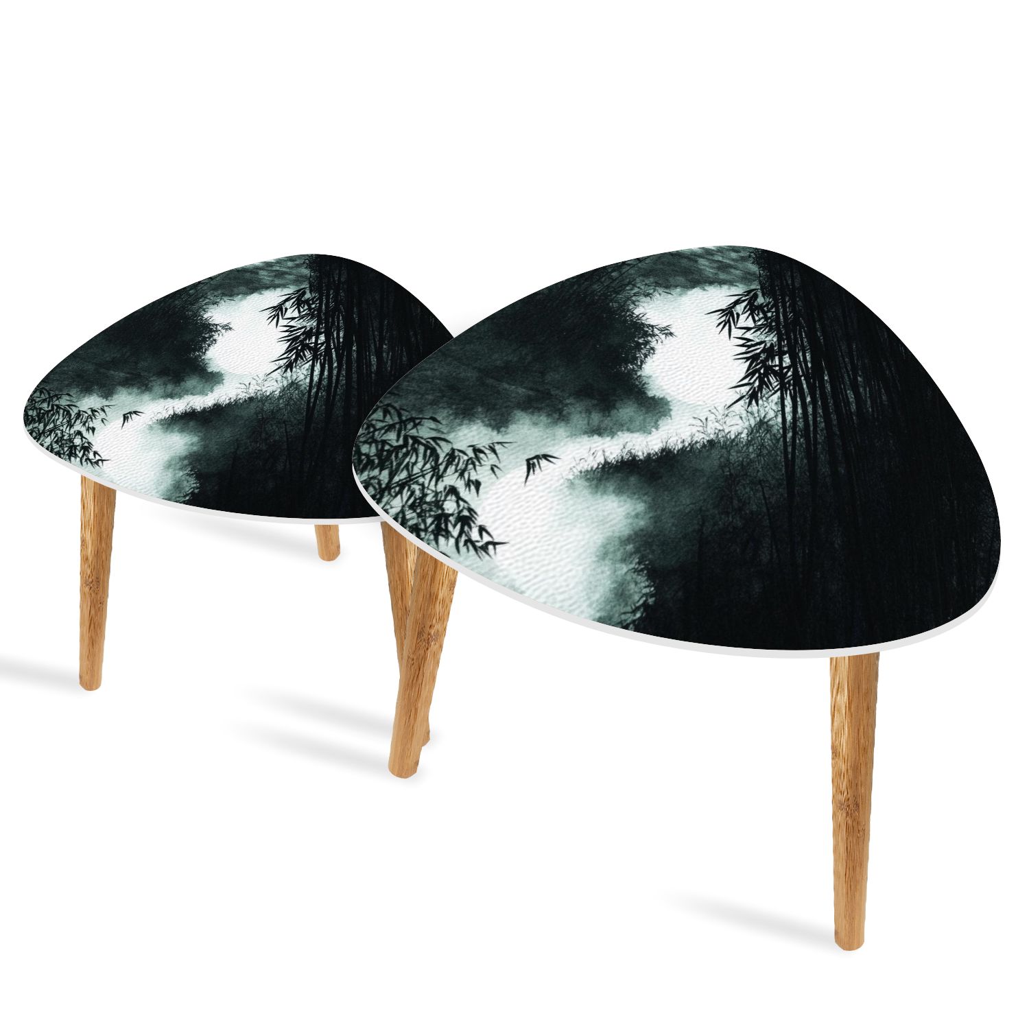 Triangle End Tables Set of 2 Bamboo Path Ethereal Ink Art Small Coffee ...