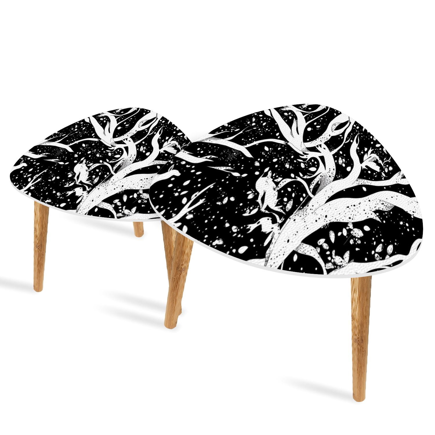 Triangle End Tables Set of 2 Black White Labyrinthine Forest Art Sunlit ...