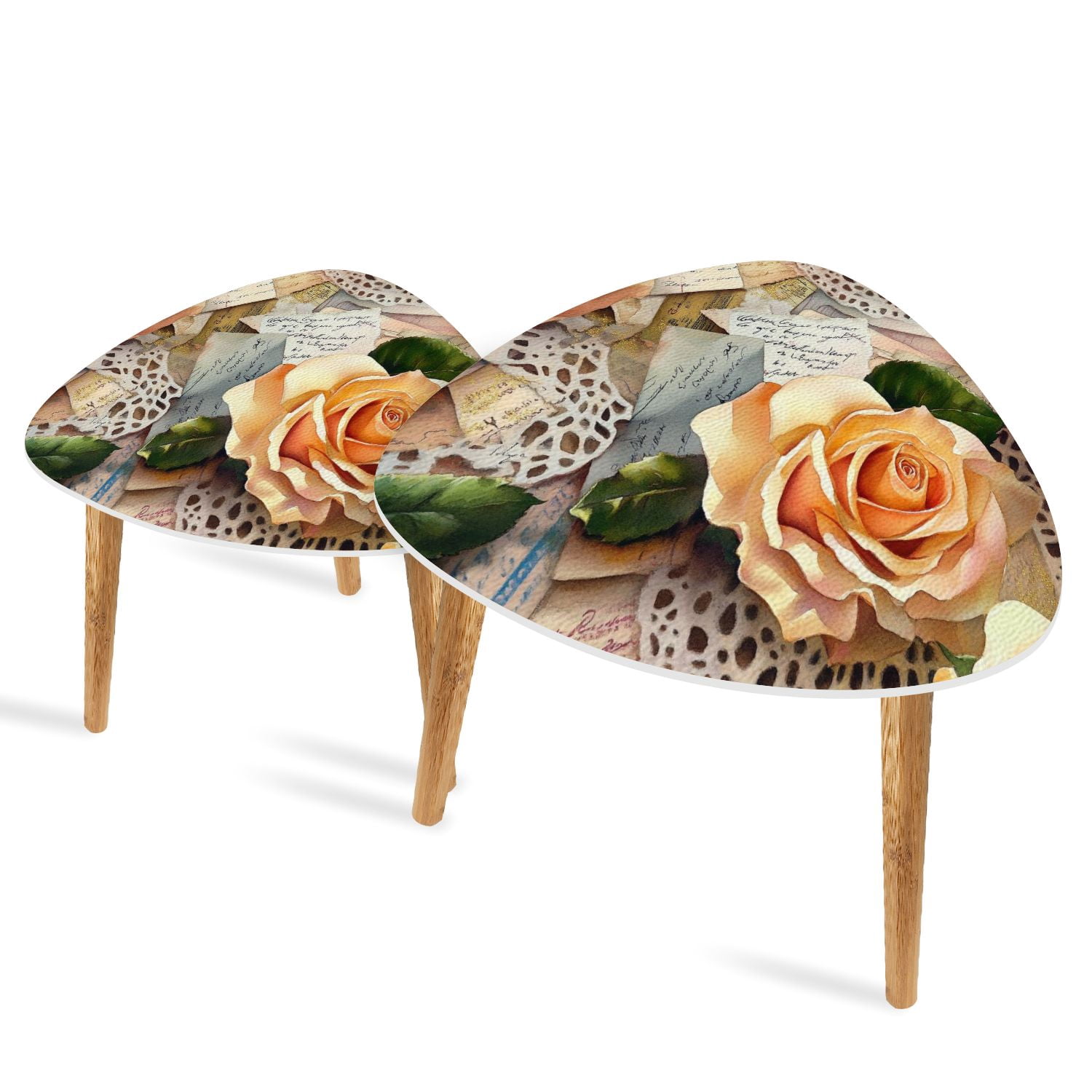 Triangle End Tables Set of 2 Bygone Era Rose Painting Glitter Postcards ...