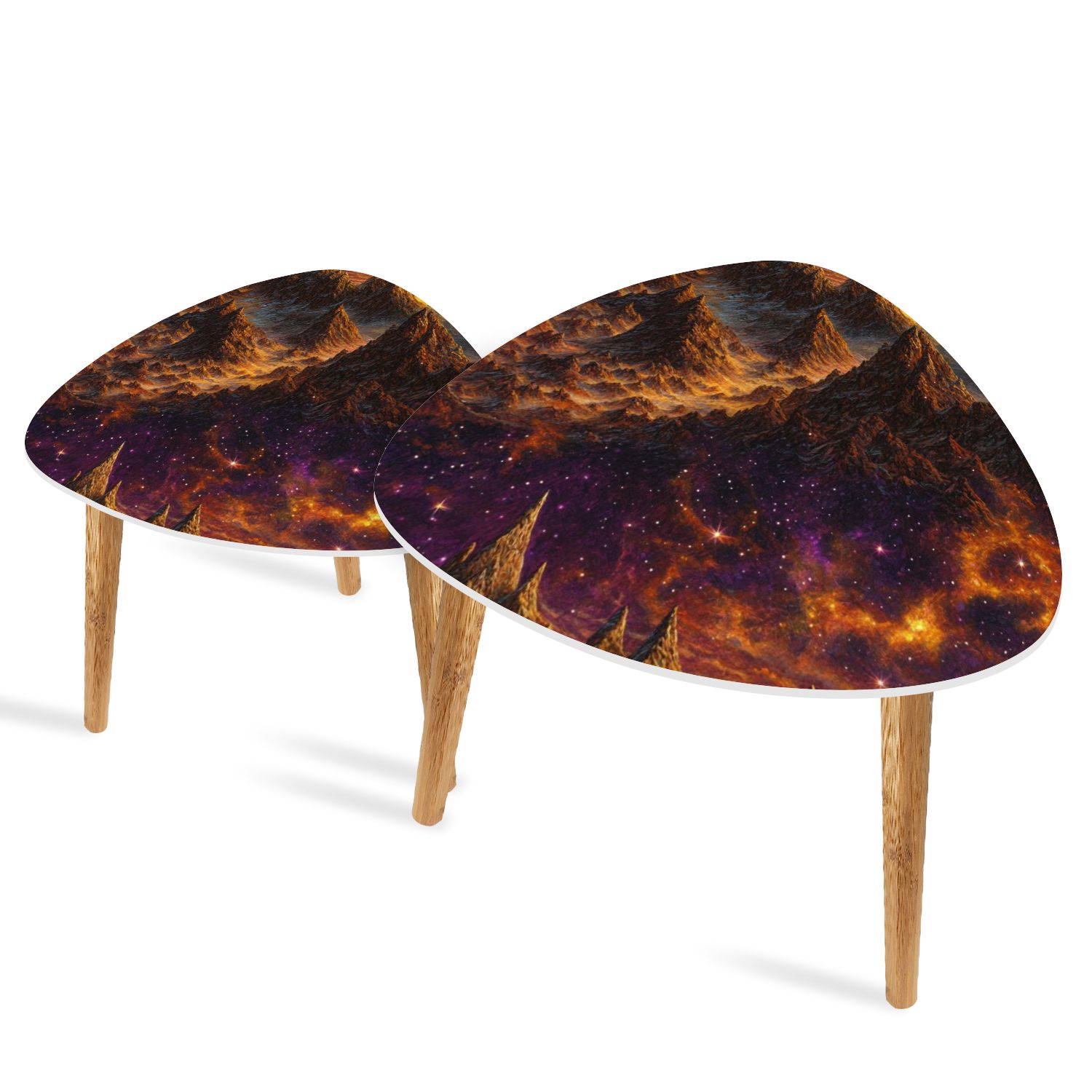 Triangle End Tables Set of 2 Celestial Sunset Detailed Mountain Range ...