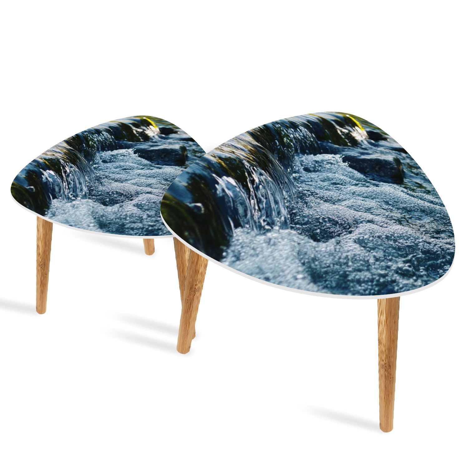 Triangle End Tables Set of 2 Close up water flowing river rocks Small ...