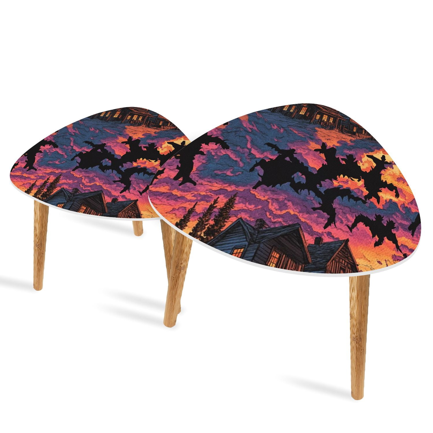 Triangle End Tables Set of 2 Comic Style Western Sunset Art Cowboys ...